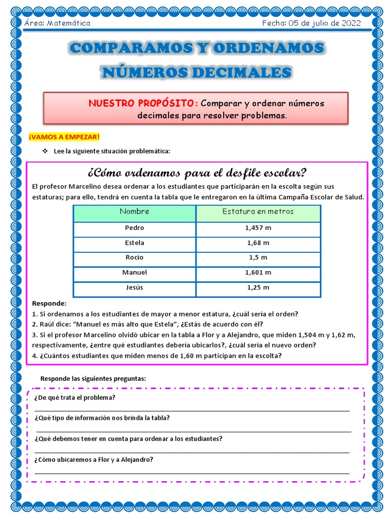 Dia 2 Comparamos y Ordenamos Decimales | PDF | Crecimiento personal y ...