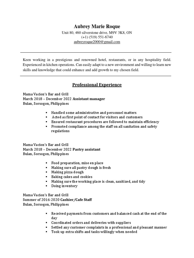 Aubrey Marie Roque - Resume Culinary Skills | PDF | Chef | Cooking