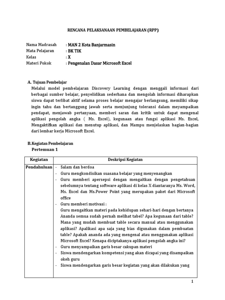 03 RPP Pengenalan Aplikasi Microsoft Excel | PDF