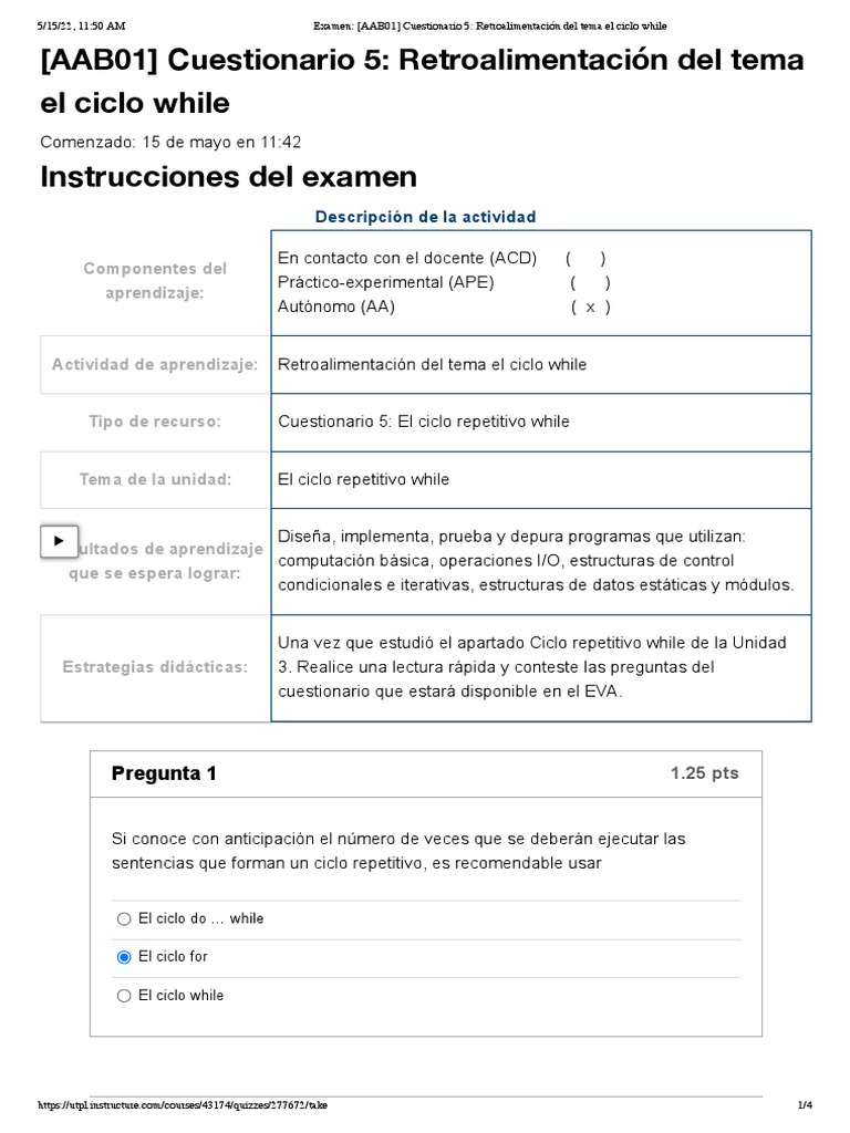 Examen - (AAB01) Cuestionario 5 - Retroalimentación Del Tema El Ciclo ...