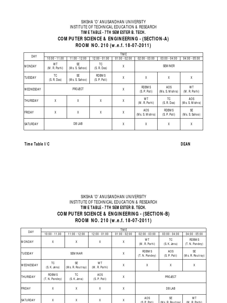 7th Semester B.Tech Time Table | PDF