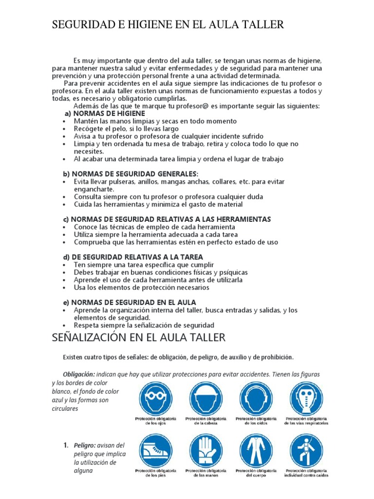 Seguridad e Higiene en El Aula Taller para Exposicion | PDF | Salón de ...