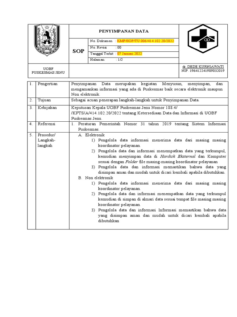Ep 1.2.4.3 Sop Penyimpanan Data | PDF