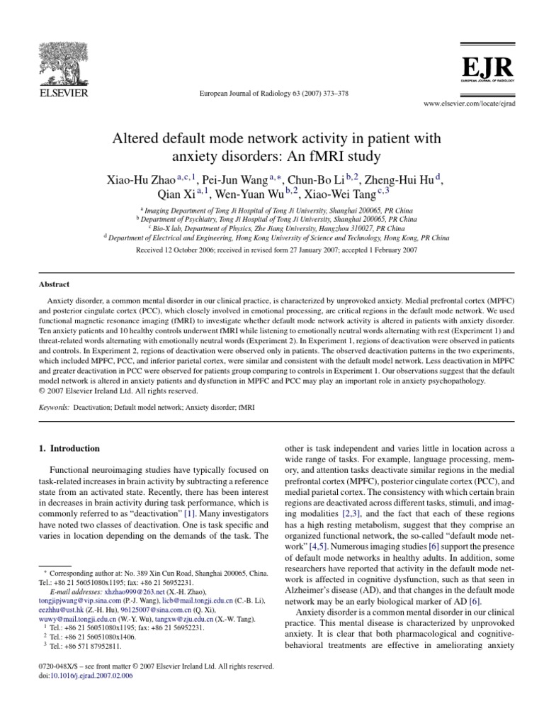 Altered Default Mode Network Activity In Patient With 2007 European Journal Pdf