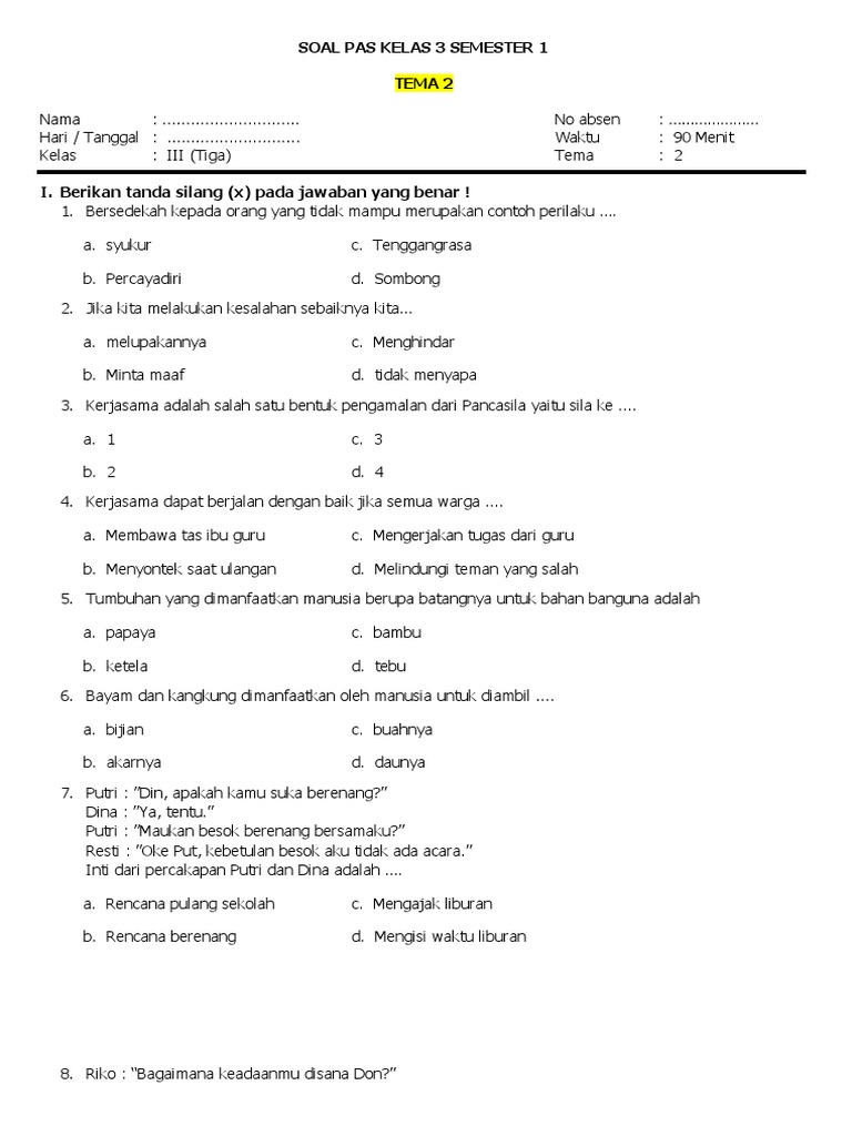 Soal PAS Kelas 3 Tema 2 - Kamimadrasah | PDF