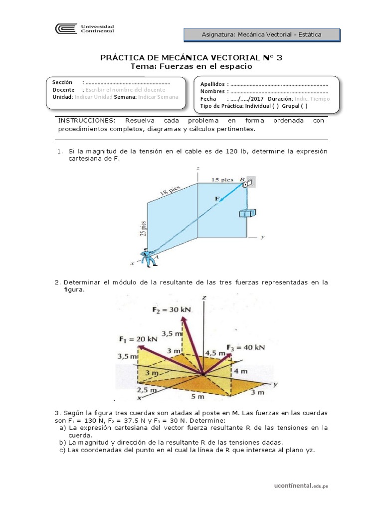 Práctica de Mecánica Vectorial #3 Tema: Fuerzas en El Espacio | PDF | Vector Euclidiano ...