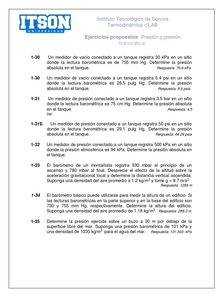 Ejercicios Propuestos De Presión Y Presión Hidrostática Pdf