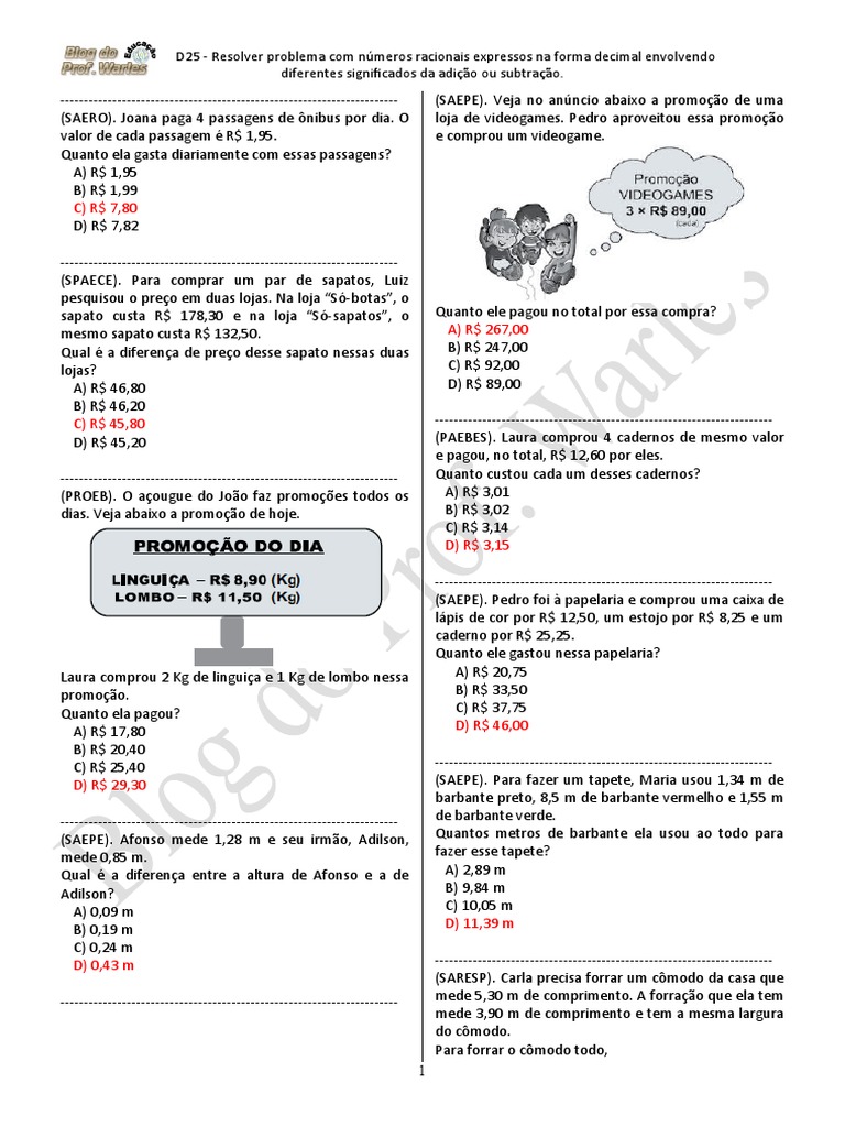 D25 (5º ANO - Mat.) - Blog Do Prof. Warles | PDF