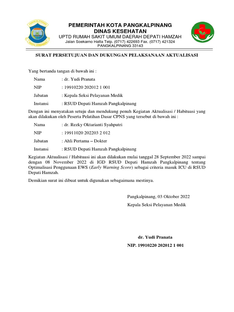 Surat Persetujuan Aktualisasi EWS RSUD | PDF