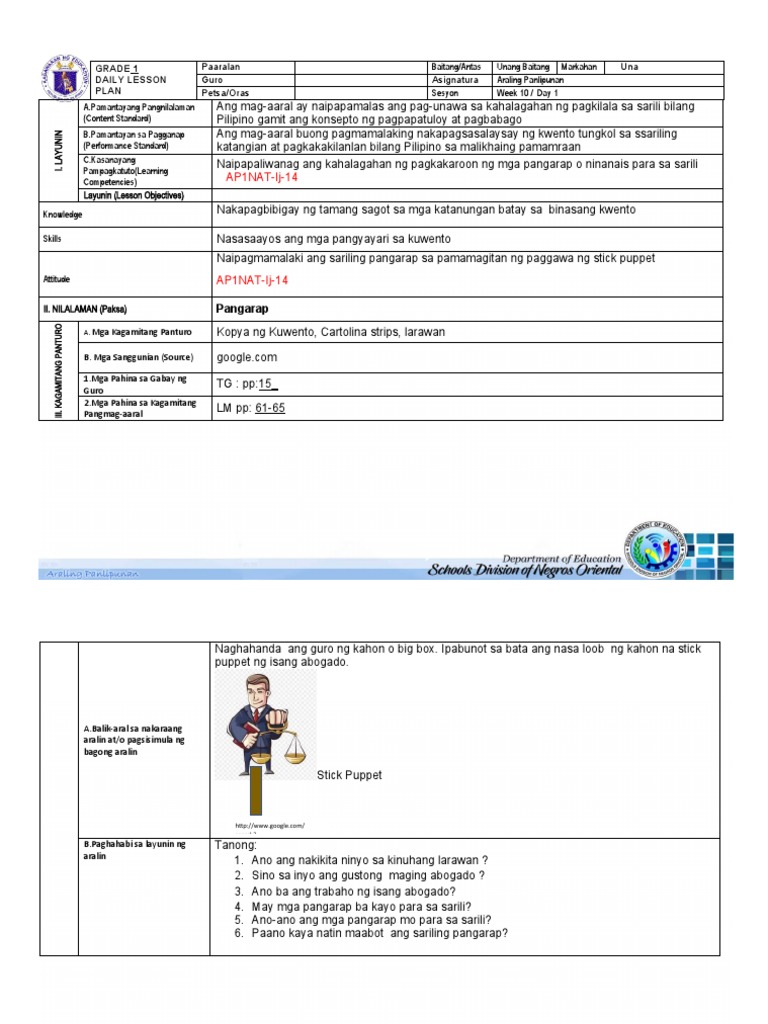 AP1NAT-Ij-14: Grade 1 Daily Lesson Plan | PDF
