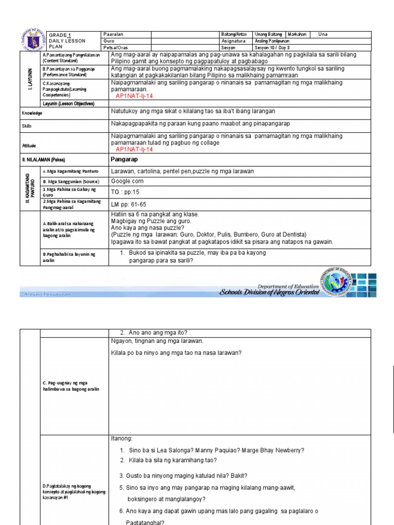 AP1NAT-Ij-14: Grade 1 Daily Lesson Plan | PDF