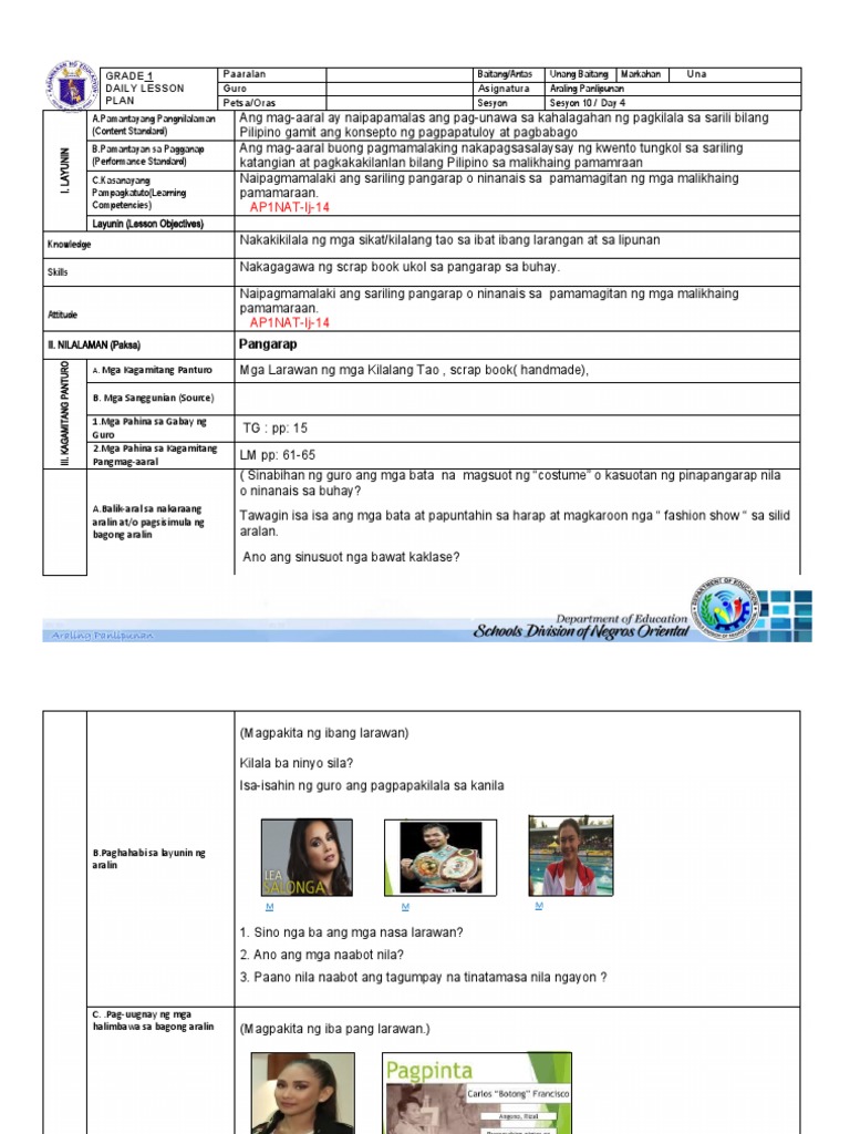 AP1NAT-Ij-14: Grade 1 Daily Lesson Plan | PDF