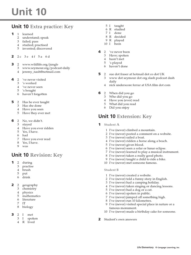 Elem Unit10 Answerkey Be | PDF