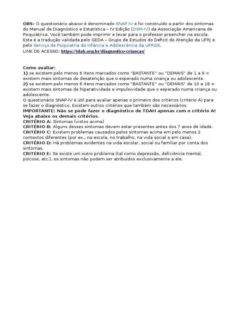 Avaliação do Questionário SNAP-IV | PDF | Autoajuda