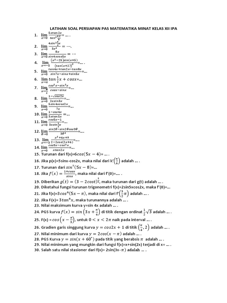 Latihan Soal Persiapan Pas Matematika Minat Kelas Xii Ipa | PDF