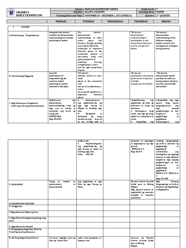 DLL - Mapeh 5 - Q2 - W4 | PDF