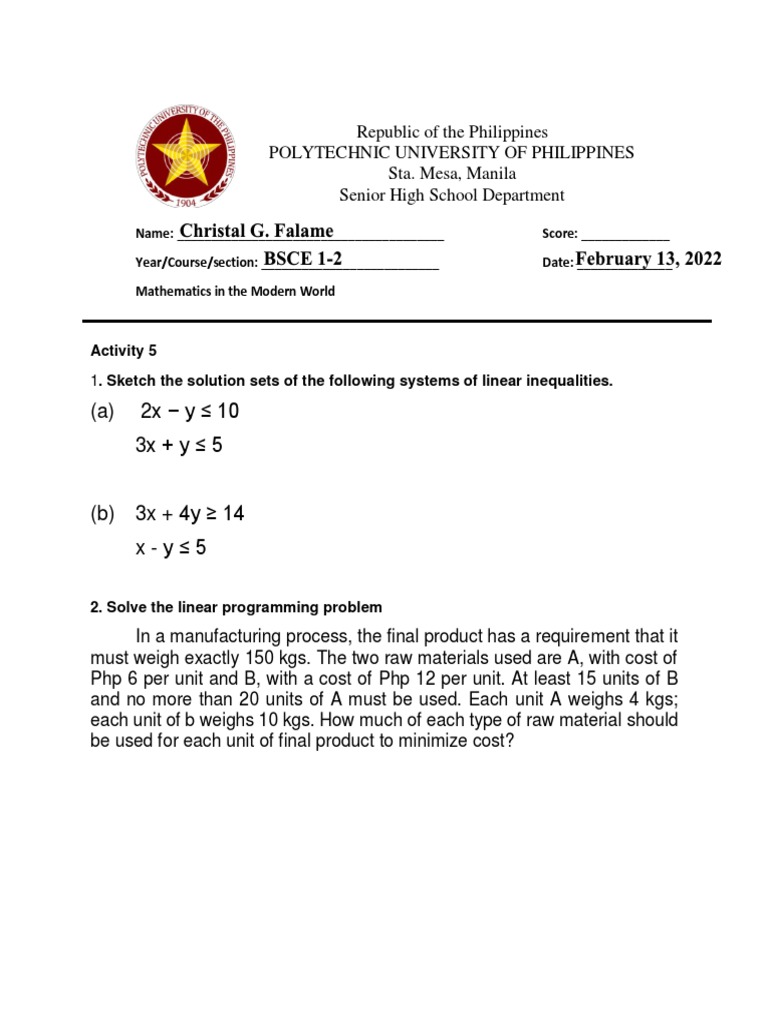 Activity 5 - Linear Programming | PDF | Linear Programming | Inequality ... Activity 5 - Linear Programming | PDF | Linear Programming | Inequality ...