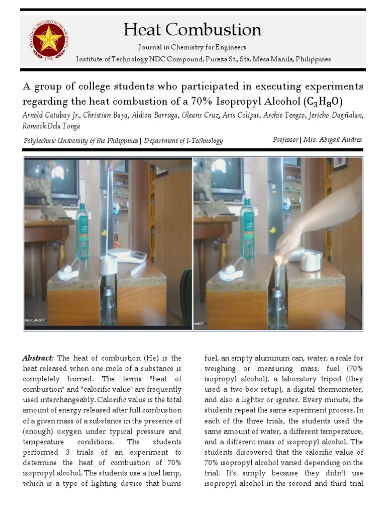 Heat Combustion of 70% Isopropyl Alcohol | PDF | Combustion | Physical ...