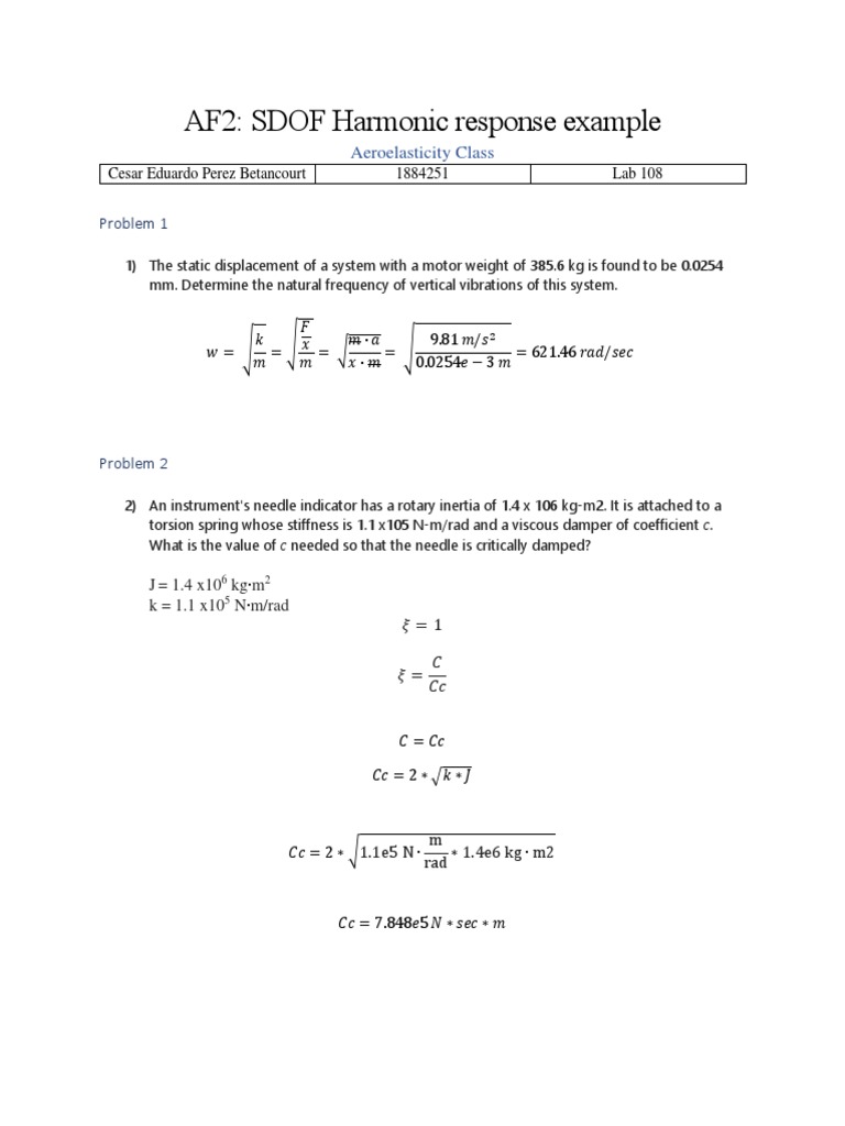AF2: SDOF Harmonic Response Example: Problem 1 | PDF | Teaching Methods ...
