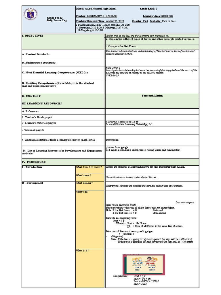 Force and Motion Lesson Plan | PDF | Force | Learning