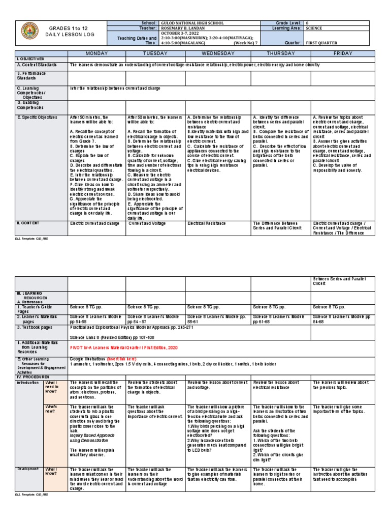 Week 7 Grade8 DLL Edited NPF | PDF | Voltage | Electrical Resistance And Conductance