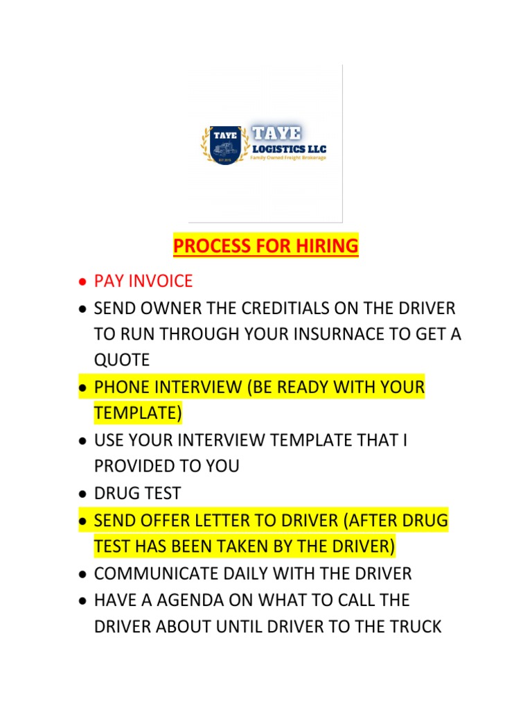 Taye Logistics LLC Process For Hiring Steps PDF | PDF
