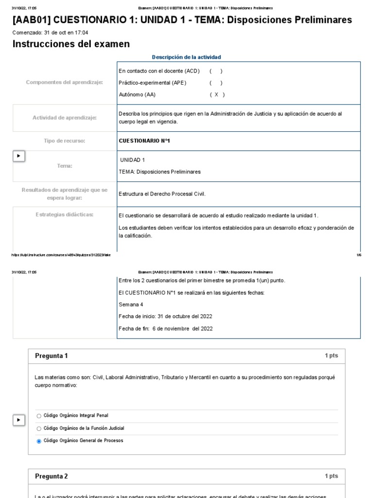 Examen - (AAB01) CUESTIONARIO 1 - UNIDAD 1 - TEMA - Disposiciones Preliminares | PDF | Prueba ...