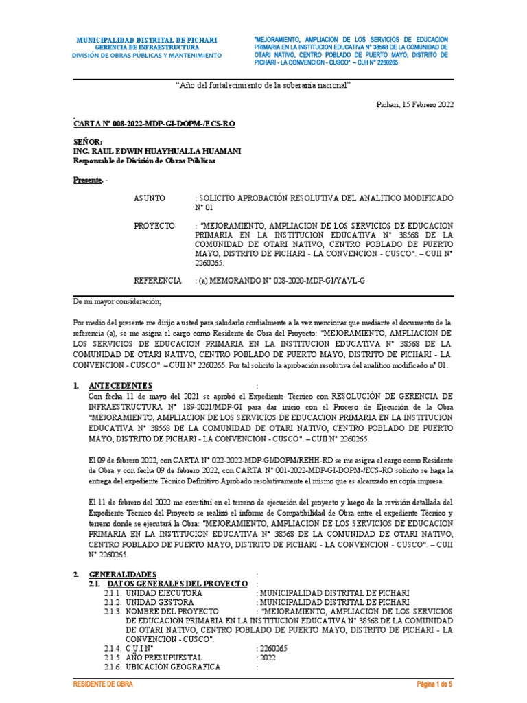 Carta #008 - Solicito Aprobación de Analitico Modificado N° 01 | PDF