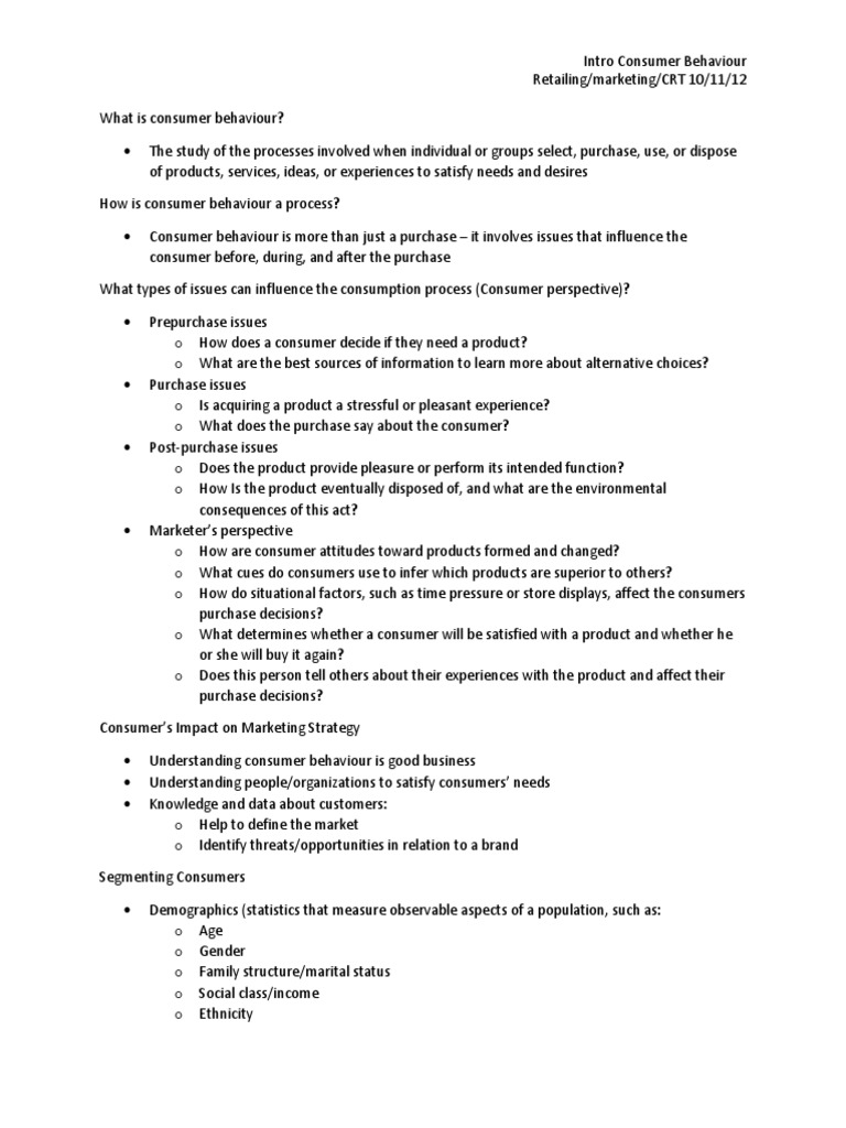 Intro Consumer Behaviour Notes Pdf Consumer Behaviour Behavior
