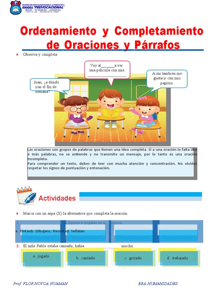 Ordenamiento y Completamiento de Oraciones | PDF