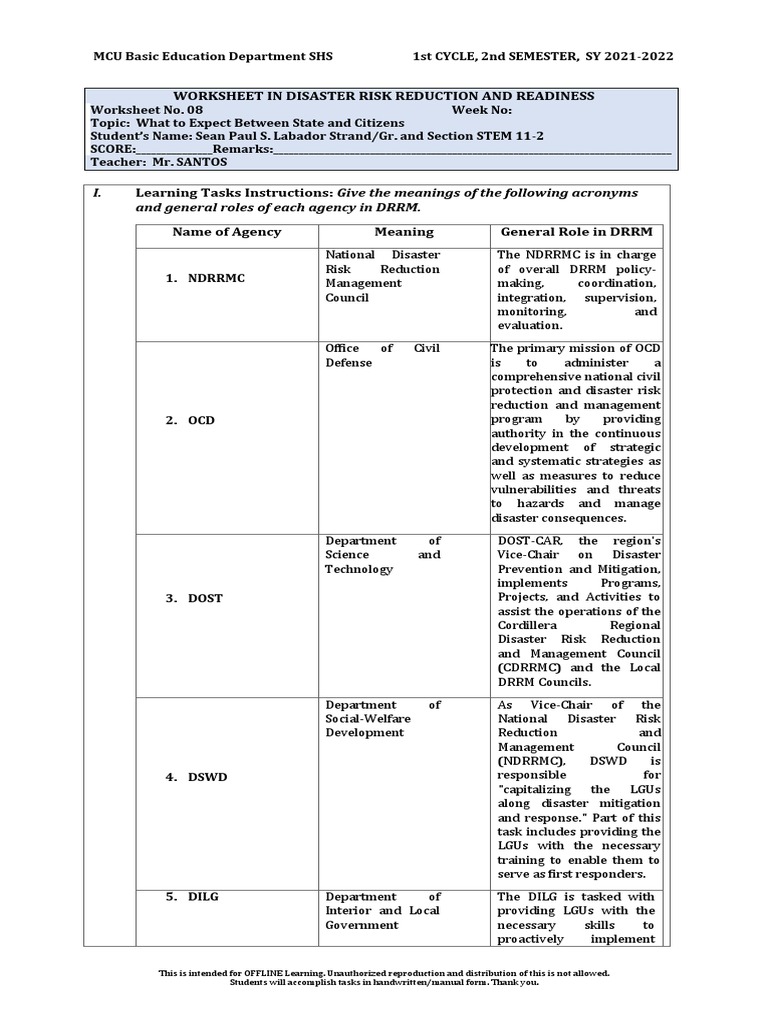 Worksheet #8 DRR and DRRM | PDF | Emergency Management | Disaster Risk ...