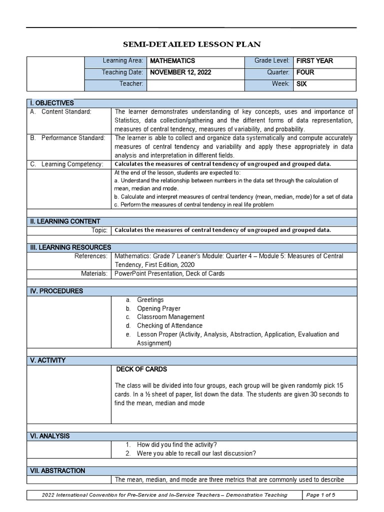 Lesson Plan - Math | PDF | Mean | Lesson Plan