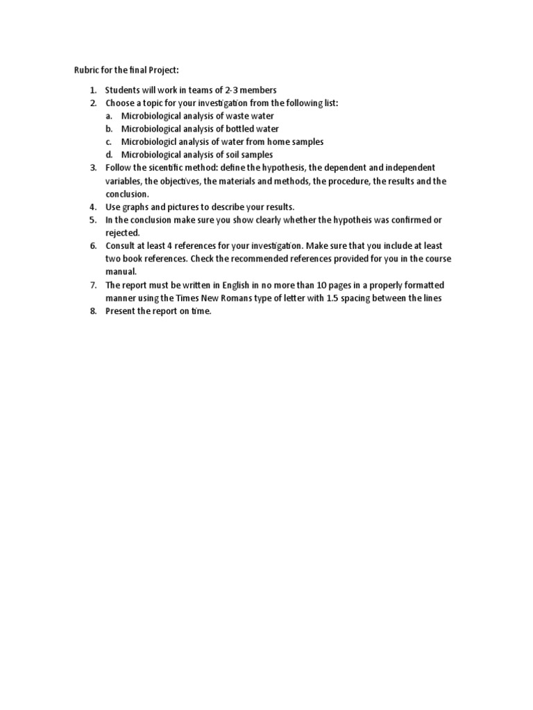 Rubric For The Final Project Pdf Science Mathematics