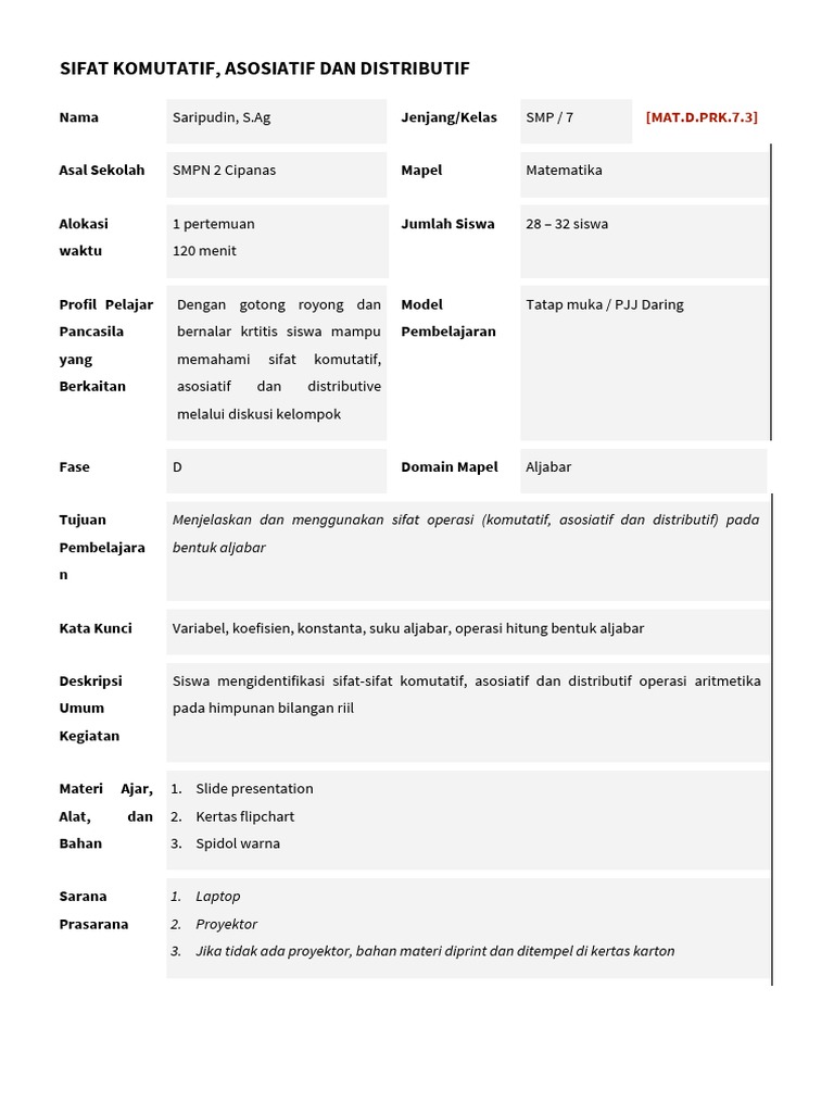 Sifat Aljabar: Komutatif, Asosiatif, Distributif | PDF