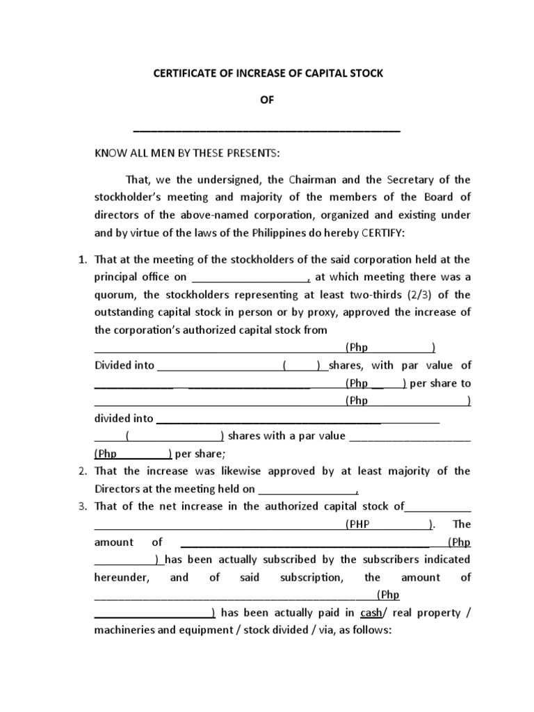 Certificate of Increase of Capital Stock Blank | PDF | Assignment (Law ...