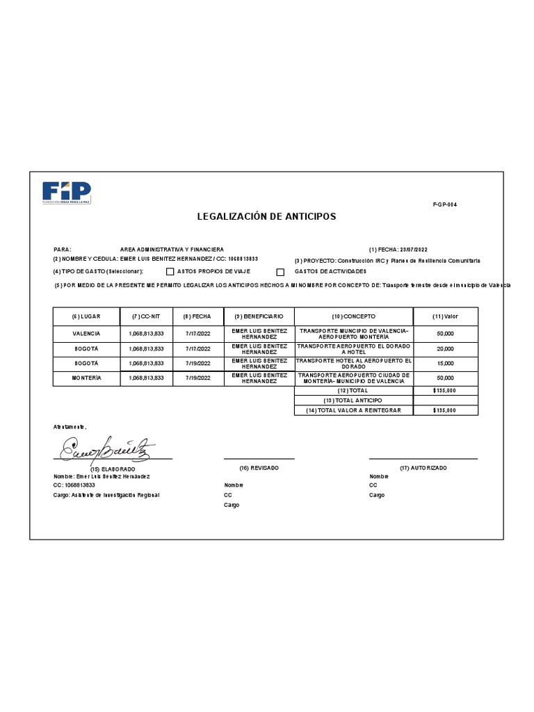 F-GP-004 (Legalización de Anticipos) Julio 2022 | PDF