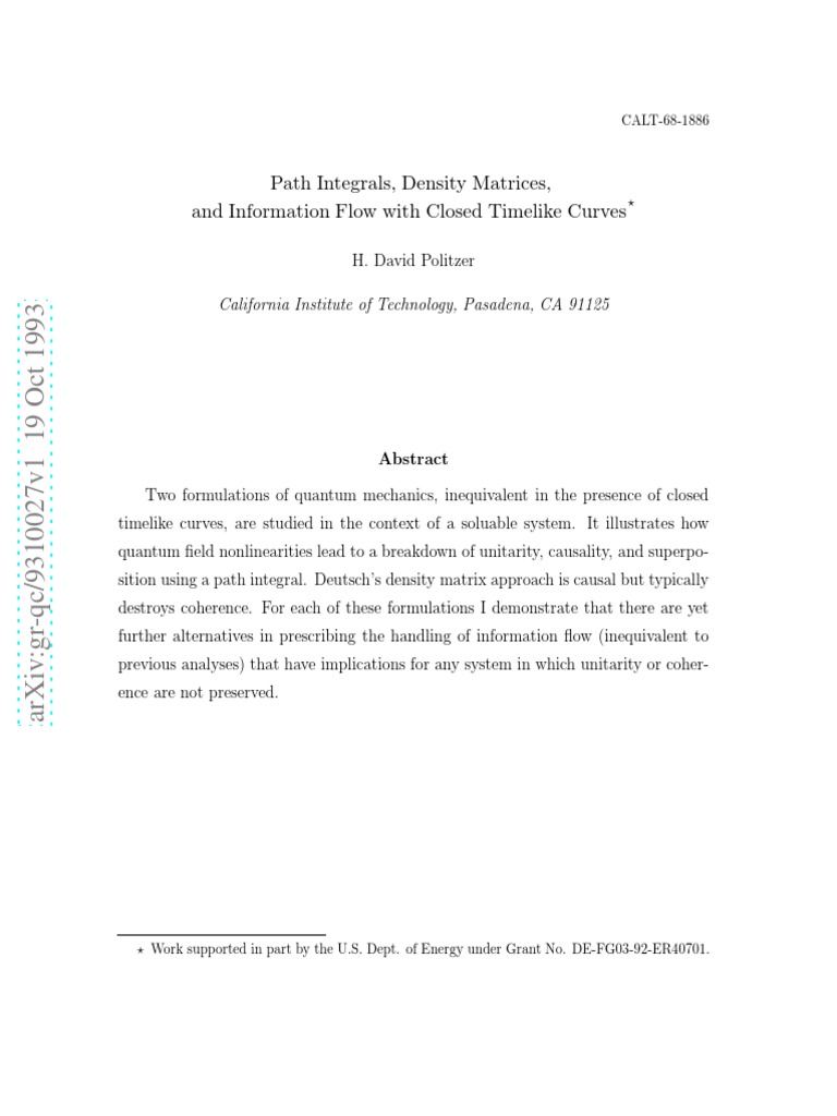 Path Integrals, Density Matrices, and Information Flow With Closed Timelike Curves | Download ...