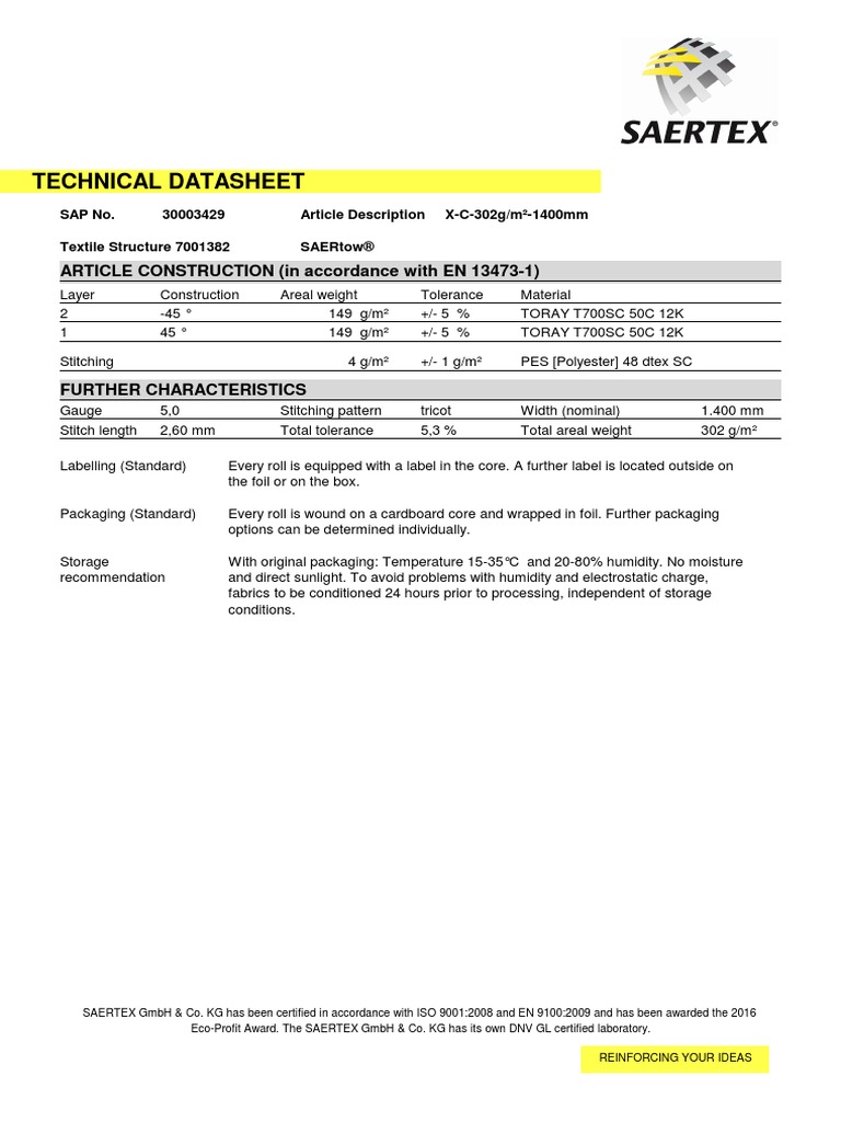 Technical Datasheet: ARTICLE CONSTRUCTION (In Accordance With EN 13473 ...