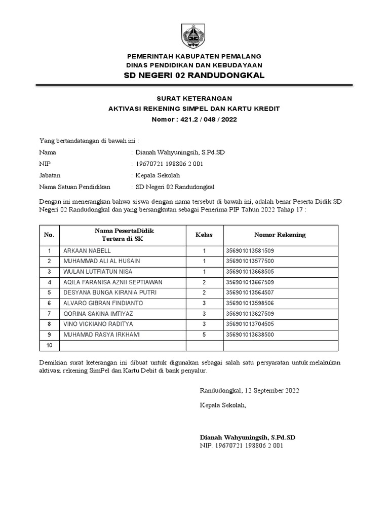 Surat Keterangan Aktivasi Rekening SimPel PIP | PDF