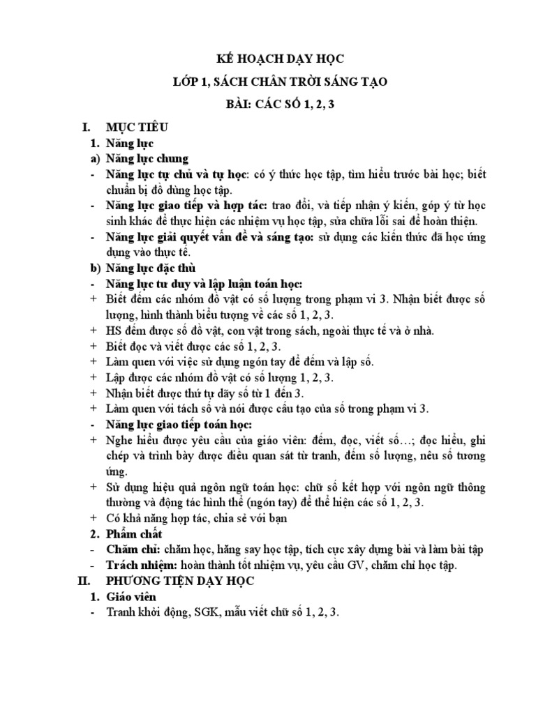KẾ HOẠCH DẠY HỌC BÀI CÁC SỐ 1,2,3 CTST | PDF