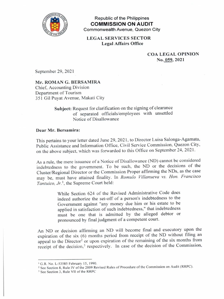 COA Legal Opinion 059-2021 | PDF