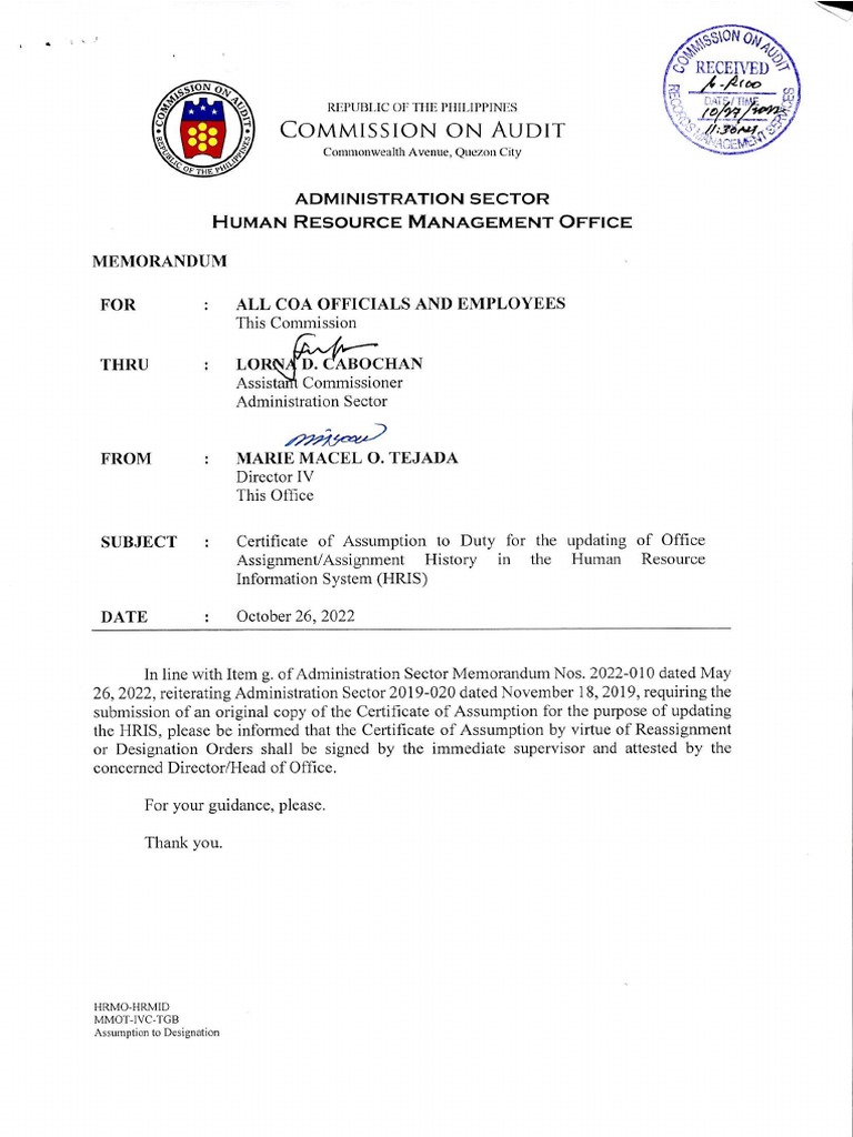 Certificate of Assumption To Duty For The Updating of Office Assignment ...