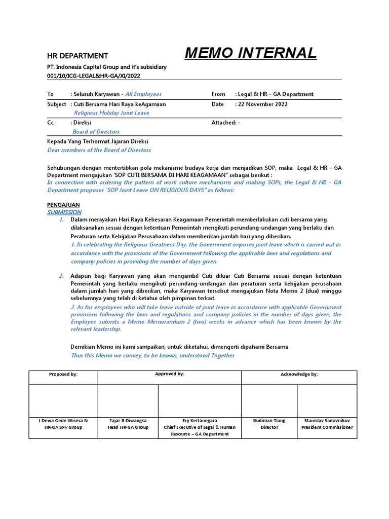 Internal Memo - Cuti Bersama | PDF | Corporations | Companies