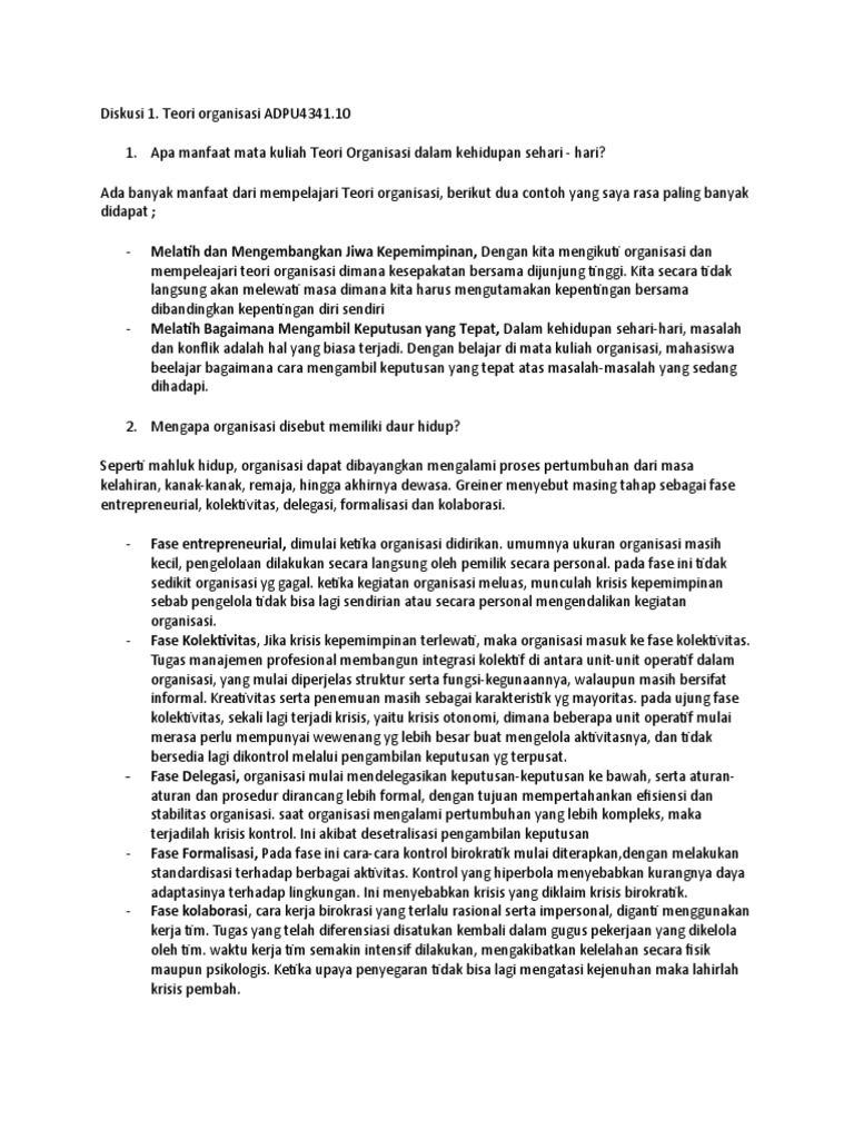 Diskusi 1. Teori Organisasi ADPU4341.10 | PDF