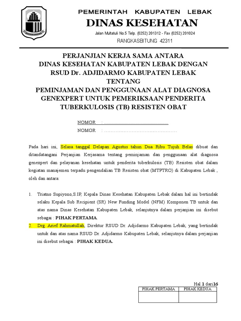 Draft MOU TB RO RSUD Dr. Adjidarmo DGN DINKES PROV | PDF