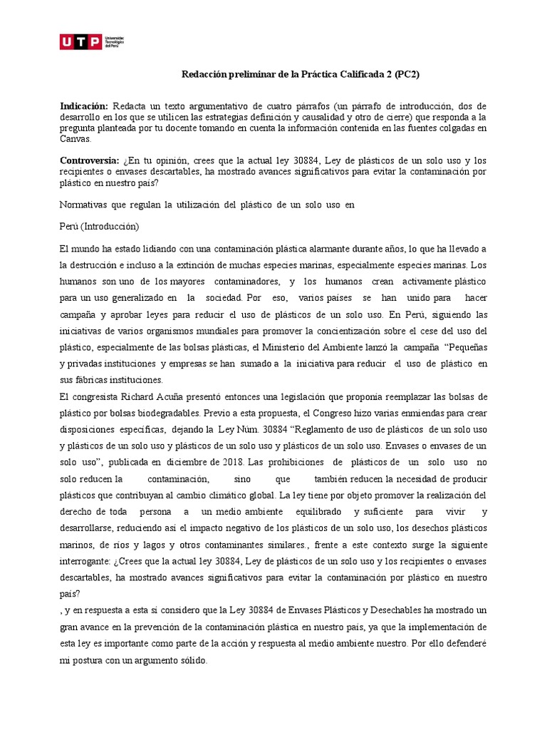 Semana 14 - Temas 01 - Tarea Redacción Preliminar de Un Texto Argumentativo para La PC2 Final | PDF