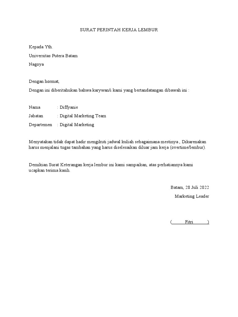 Surat Perintah Kerja Lembur | PDF