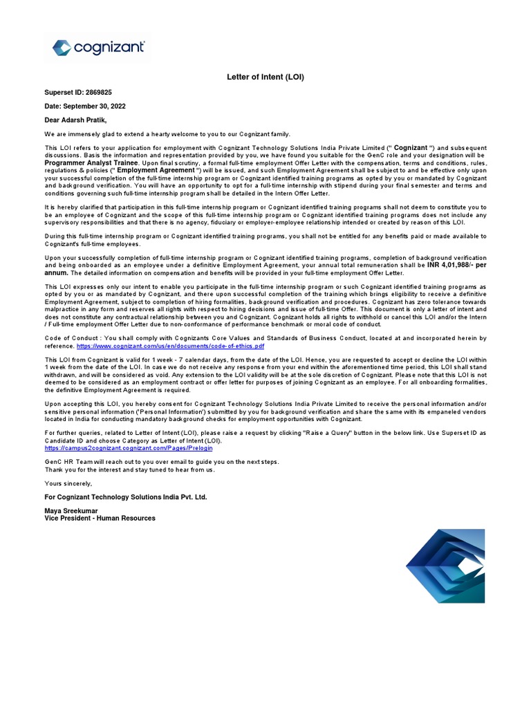 Cognizant GenC Internship LOI | PDF | Employment | Verification And Validation