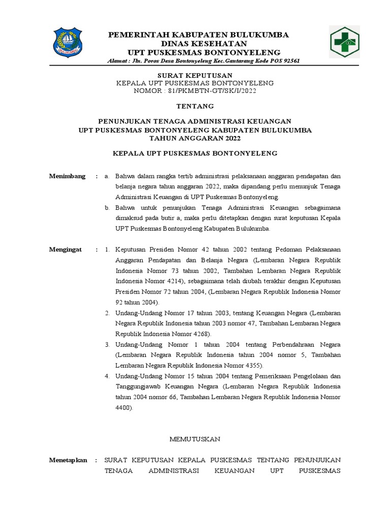 Puskesmas Bontonyeleng SK Penunjukan Admin Keuangan 2022 | PDF