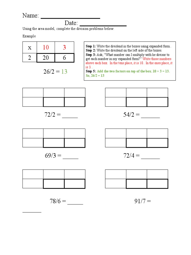 Area Model Division Worksheet | PDF